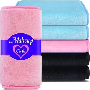 makeup remover towel (6 pack), reusable microfiber makeup remover cloth removing all makeup with just water 12" x 6" - pink/blue/black