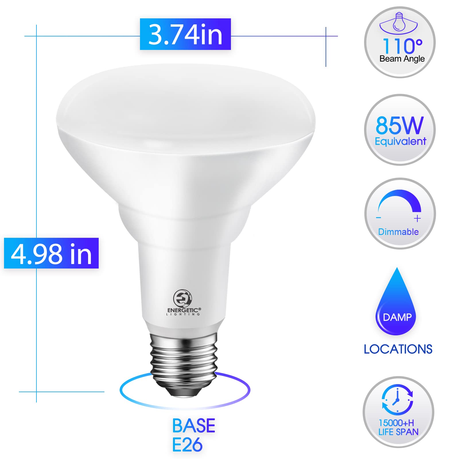 Energetic LED Recessed Light Bulbs BR30, 85W Equivalent, Dimmable, Daylight 5000K, Indoor Flood Lights for Recessed Cans, UL Listed, 6 Pack