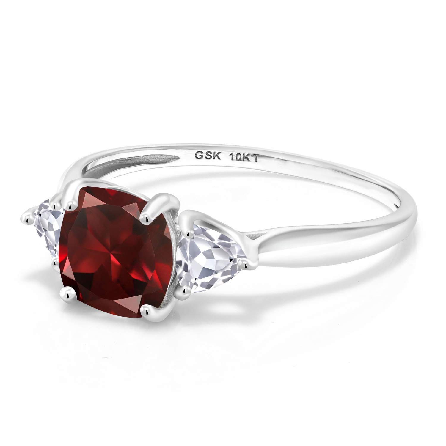 Gem Stone King 10K White Gold Red Garnet and White Created Sapphire 3-Stone Engagement Ring For Women (2.49 Cttw, 7MM Cushion and 4MM Trillion, Available In Size 5, 6, 7, 8, 9)