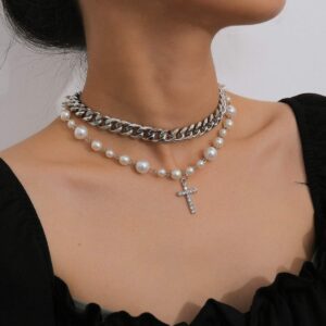 Pearl Cross Necklace for Women Silver Layered Crystal Cross Pendant Punk Chain Choker Necklace Dainty Jewelry