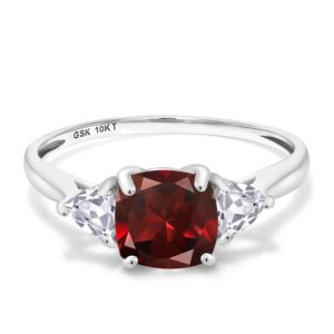 Gem Stone King 10K White Gold Red Garnet and White Created Sapphire 3-Stone Engagement Ring For Women (2.49 Cttw, 7MM Cushion and 4MM Trillion, Available In Size 5, 6, 7, 8, 9)