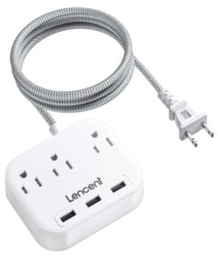 lencent 2 prong power strip, 2 prong to 3 prong outlet adapter, 6.6 ft braided extension cord with polarized plug, 3 ac outlets & 3 usb(5v 3.4a max), wall mountable, ideal for non-grounded outlets