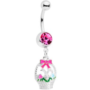 body candy womens 14g steel navel ring piercing pink accent basket bunny dangle belly button ring