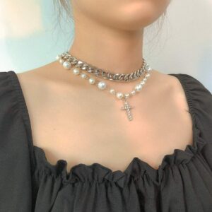 Pearl Cross Necklace for Women Silver Layered Crystal Cross Pendant Punk Chain Choker Necklace Dainty Jewelry