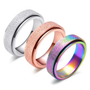 laoyou anxiety spinner fidget ring for women | 6mm stainless steel 3pcs worry stress relief spinning spinny ring set band pack rose old silver rainbow birthday figit gifts for daughter size 8