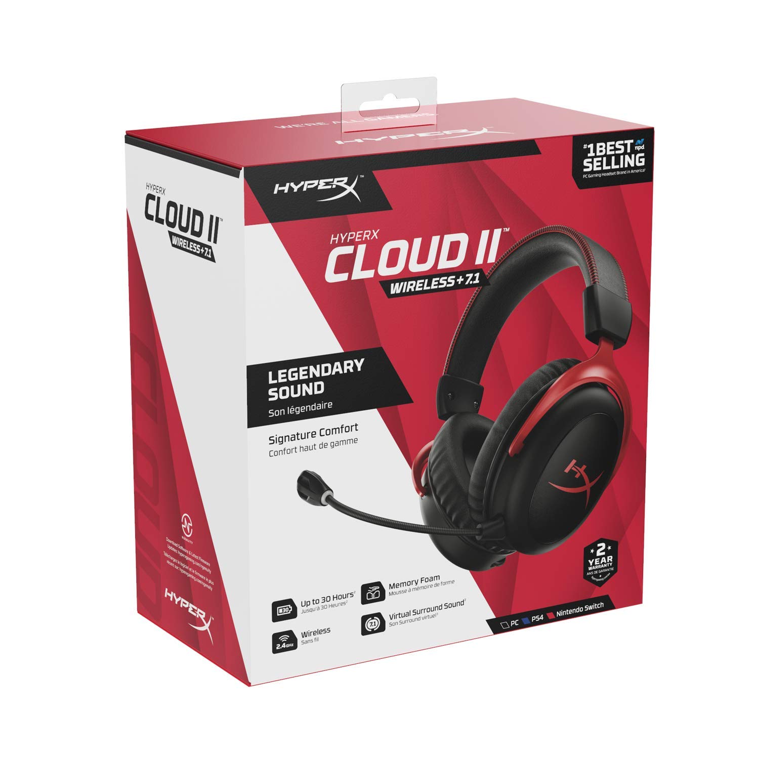 HyperX Cloud II Wireless - Gaming Headset for PC, PS4, Switch, Long Lasting Battery Up to 30 Hours, 7.1 Surround Sound, Memory Foam, Detachable Noise Cancelling Microphone w/Mic Monitoring (Renewed)