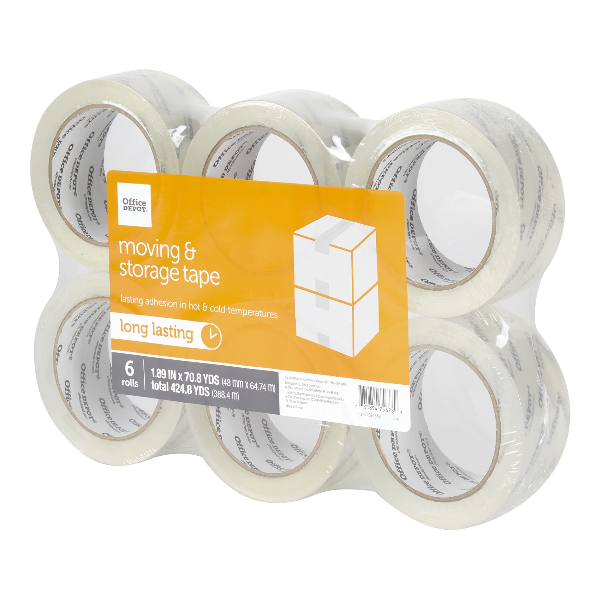 Office Depot® Brand Moving & Storage Packing Tape, 1.89" x 70.8 Yd, Crystal Clear, Pack of 6 Rolls