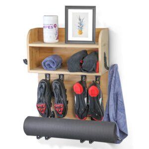 multi-functional home gym wall mount rack shelf organizer for towel, yoga mat, exercising bike shoes, exercise bands and so on - ideal accessories for peloton, nordictrack, and echelon