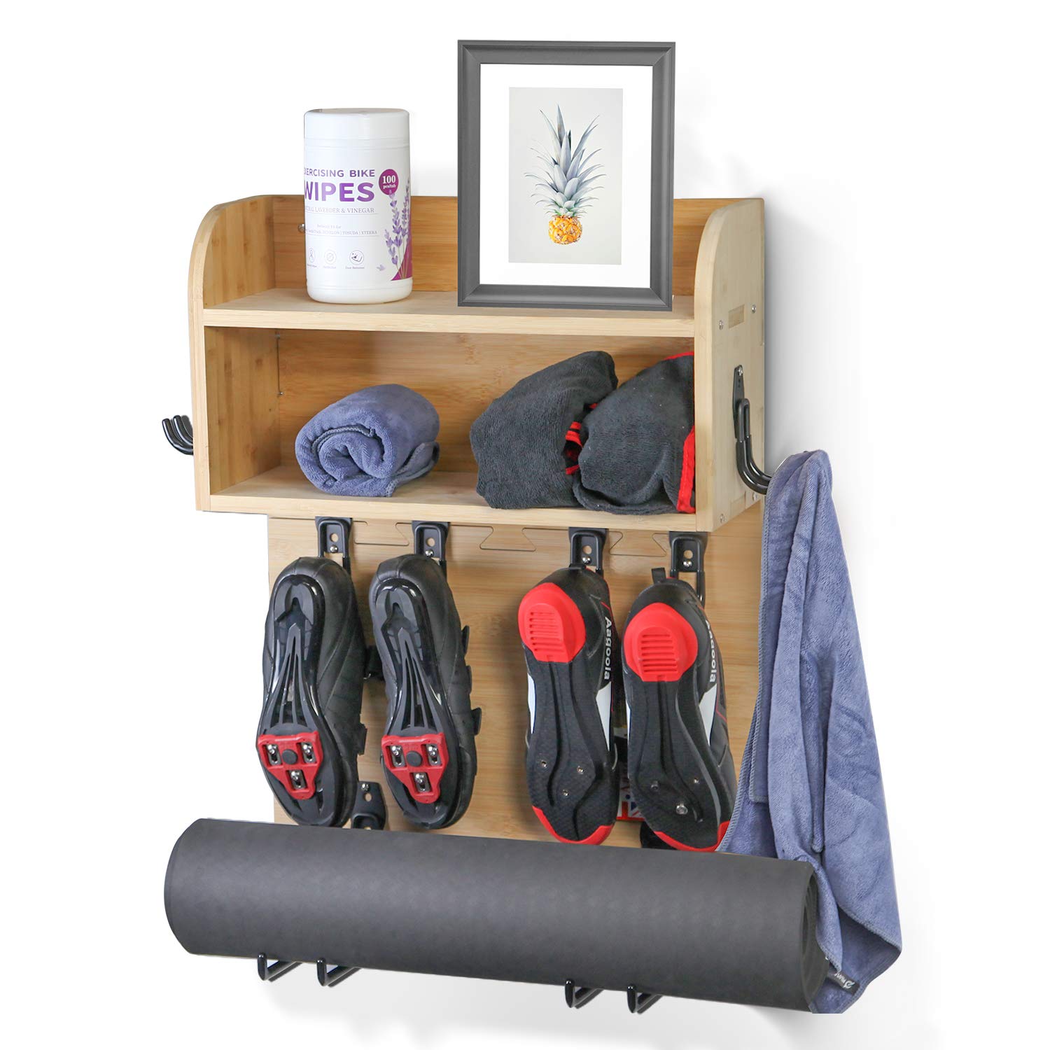 Multi-functional Home Gym Wall Mount Rack Shelf Organizer for Towel, Yoga Mat, Exercising Bike Shoes, Exercise Bands and So on - Ideal Accessories for Peloton, NordicTrack, and Echelon