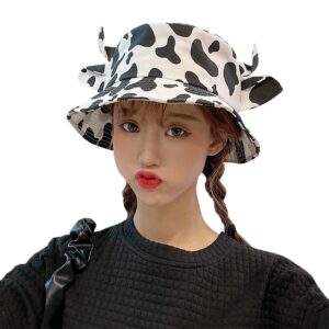 JUMISEE Men Women Cotton Cow Print Bucket Hat Summer Beach Sun Hat Fisherman Hat with Cute Horn Ears