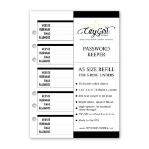 A5 Password Keeper Planner Insert Refill, 5.83″ x 8.27″, Fits 6-Rings Binders - Filofax, LV GM, Moterm, Choice of Quantity