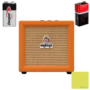 orange crush amp mini 3w analogue combo battery powered amp bundle with 2 batteries & liquid audio polishing cloth - electric bass guitar amp, portable practice amp, mini speaker amplifier