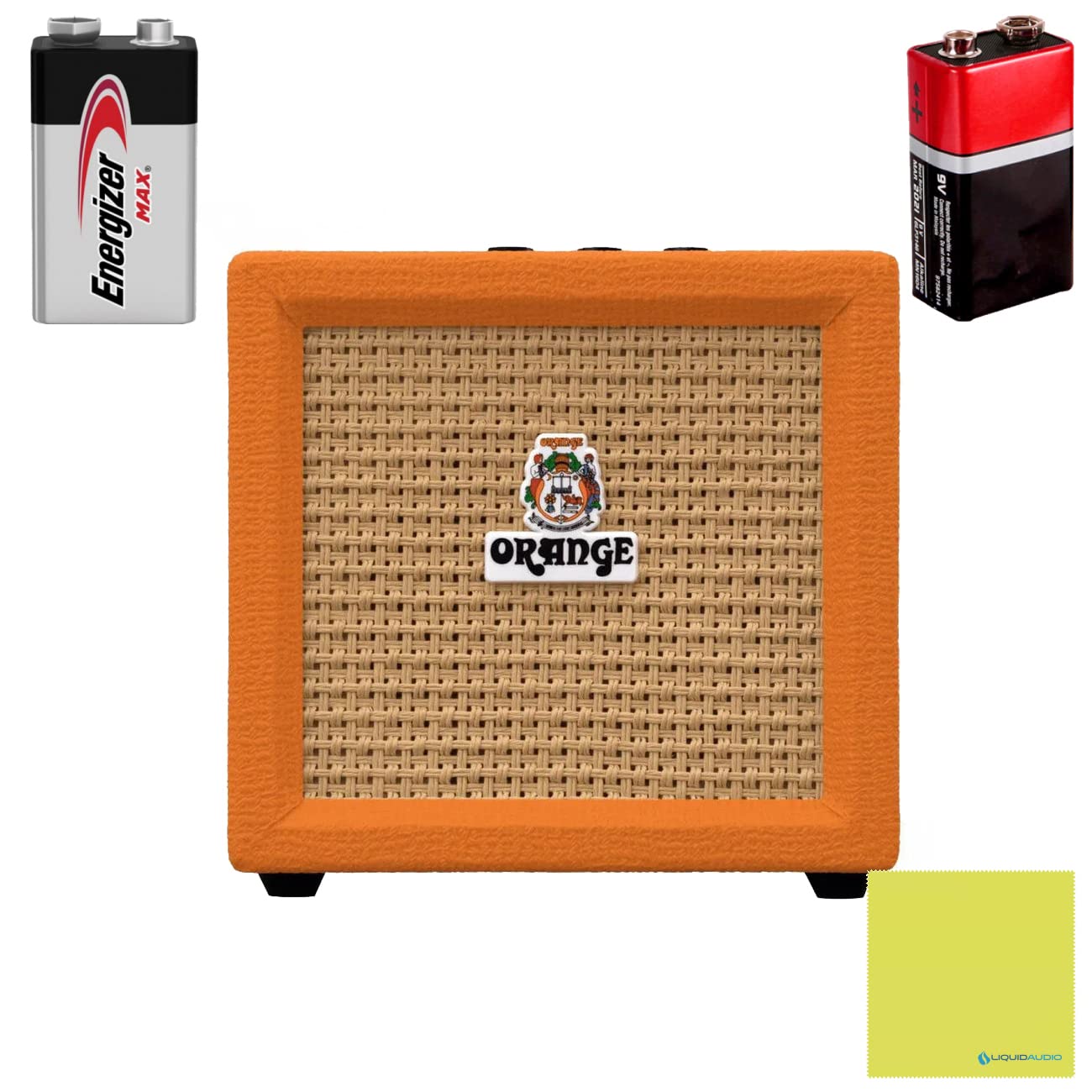 Orange Crush Amp Mini 3W Analogue Combo Battery Powered Amp Bundle with 2 Batteries & Liquid Audio Polishing Cloth - Electric Bass Guitar Amp, Portable Practice Amp, Mini Speaker Amplifier