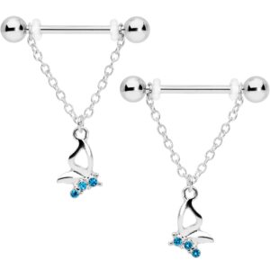 Body Candy 14G Womens Nipplerings Piercing Steel 2Pc Blue Accent Butterfly Dangle Nipple Ring Set 5/8"