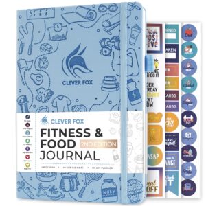 clever fox fitness & food journal – nutrition & workout planner for women & men – diet & gym exercise log book with calendars, diet & training trackers - undated, a5 size, hardcover (light blue)