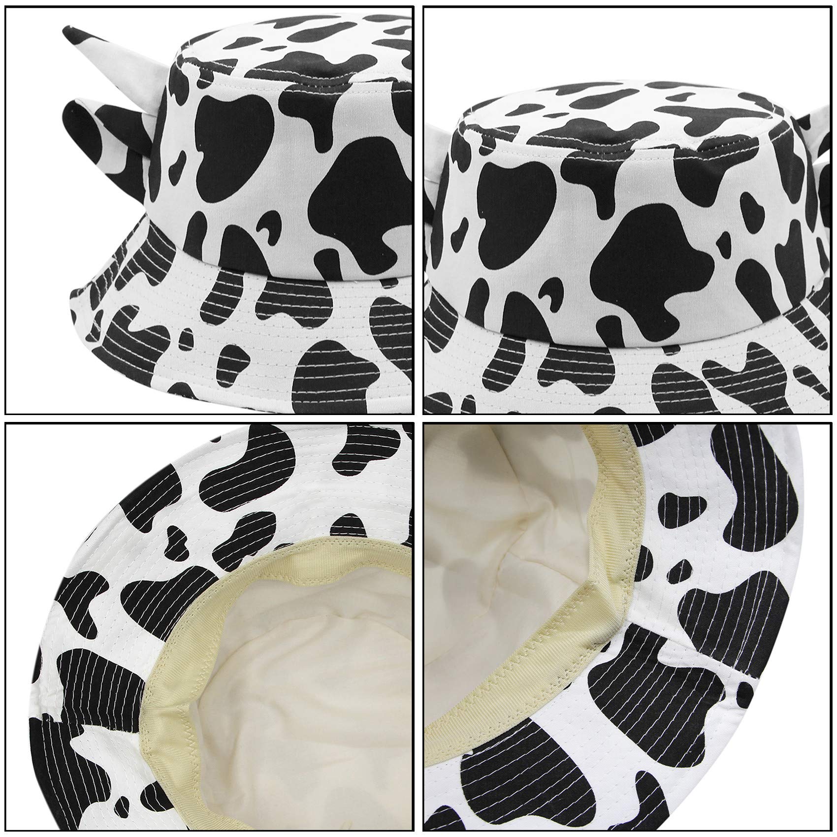 JUMISEE Men Women Cotton Cow Print Bucket Hat Summer Beach Sun Hat Fisherman Hat with Cute Horn Ears