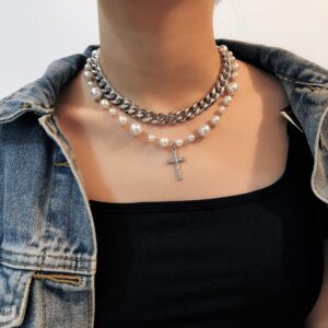 Pearl Cross Necklace for Women Silver Layered Crystal Cross Pendant Punk Chain Choker Necklace Dainty Jewelry