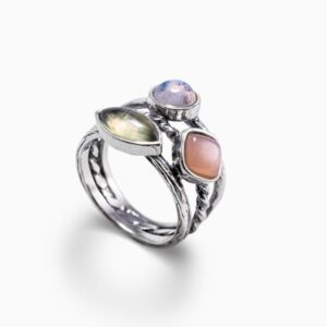 Joolala Stacked Stones 925 Sterling Silver Women’s Ring with Prehnite, Moonstone and Pink Moonstone Design – Gorgeous Oxidized Finish – Ideal Promise Ring, Engagement, Anniversary. (6)