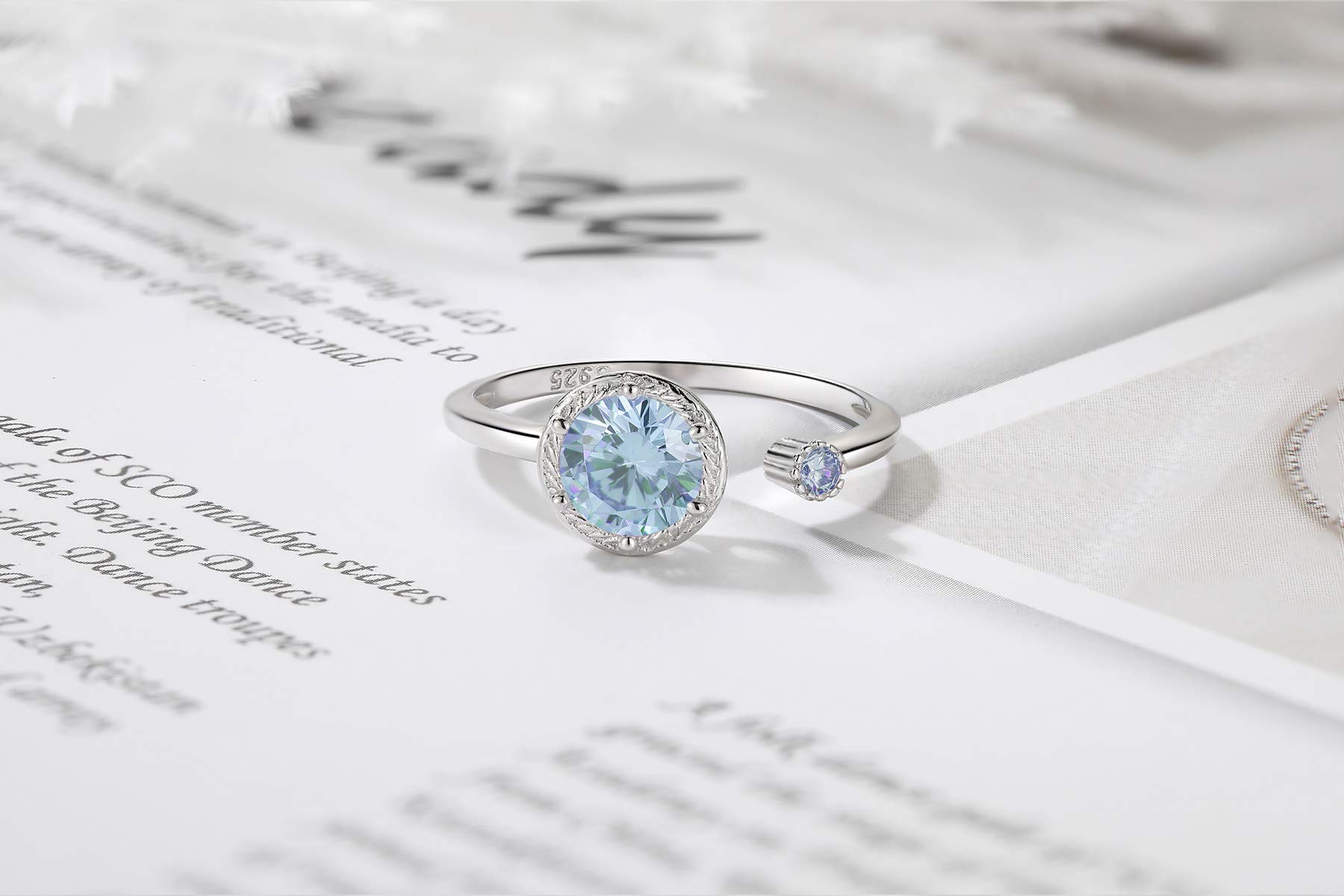 Presentski March Birthstone Rings for Women Sterling Silver CZ Blue Aquamarine Birthstone Adjustable Rings