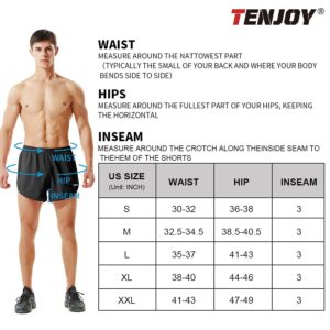 TENJOY Men's Running Shorts Gym Athletic Workout Shorts for Men 3 inch Sports Shorts with Zipper Pocket Black