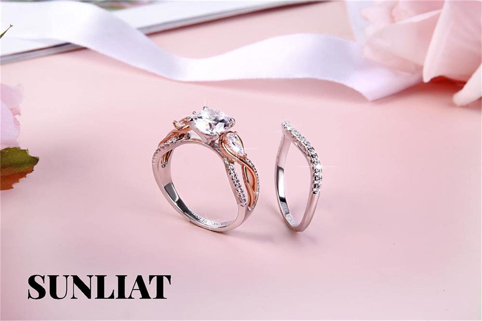 SUNLIAT Engagement Ring Bridal Sets for Women,925 Sterling Silver Rose Gold Plated Cubic Zirconia Wedding Band Ring Set, Promise Rings for Her Anniversary Rings Size 8.5