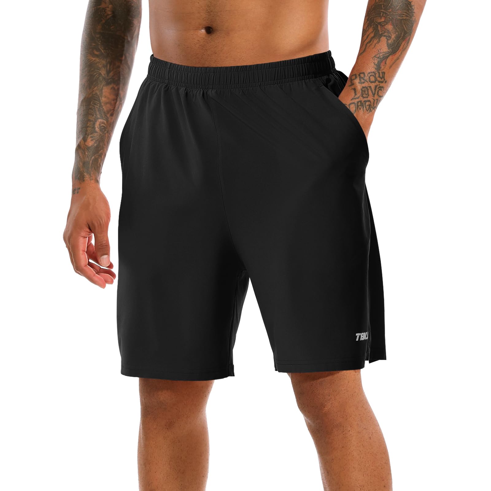 TENJOY Men's 2 in 1 Running Shorts 7" Quick Dry Gym Athletic Workout Shorts for Men with Phone Pockets Black