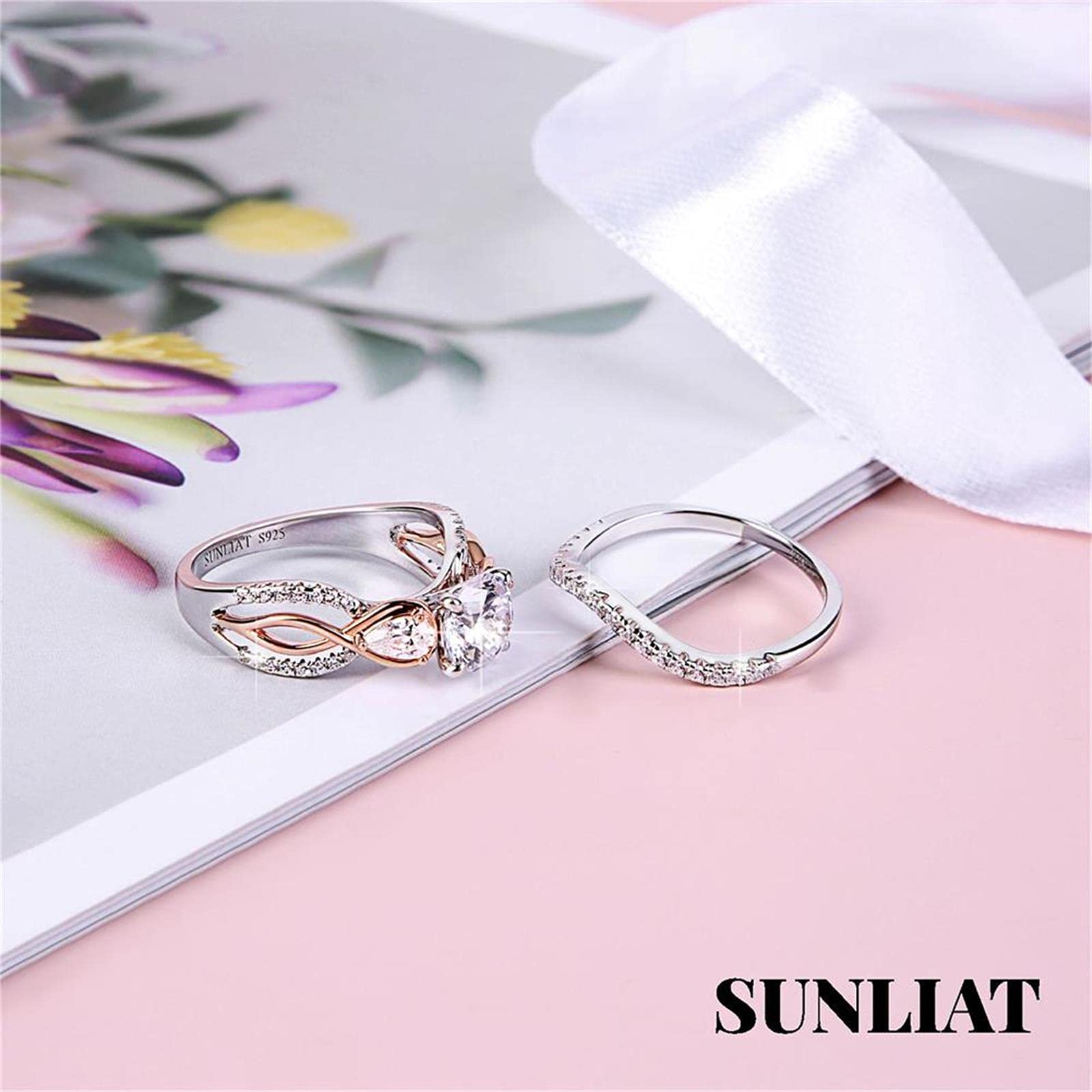 SUNLIAT Engagement Ring Bridal Sets for Women,925 Sterling Silver Rose Gold Plated Cubic Zirconia Wedding Band Ring Set, Promise Rings for Her Anniversary Rings Size 8.5