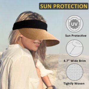 Women Straw Sun Visor Hat Wide Brim Summer UV Protection Beach Cap Foldable Packale Korean Style Khaki