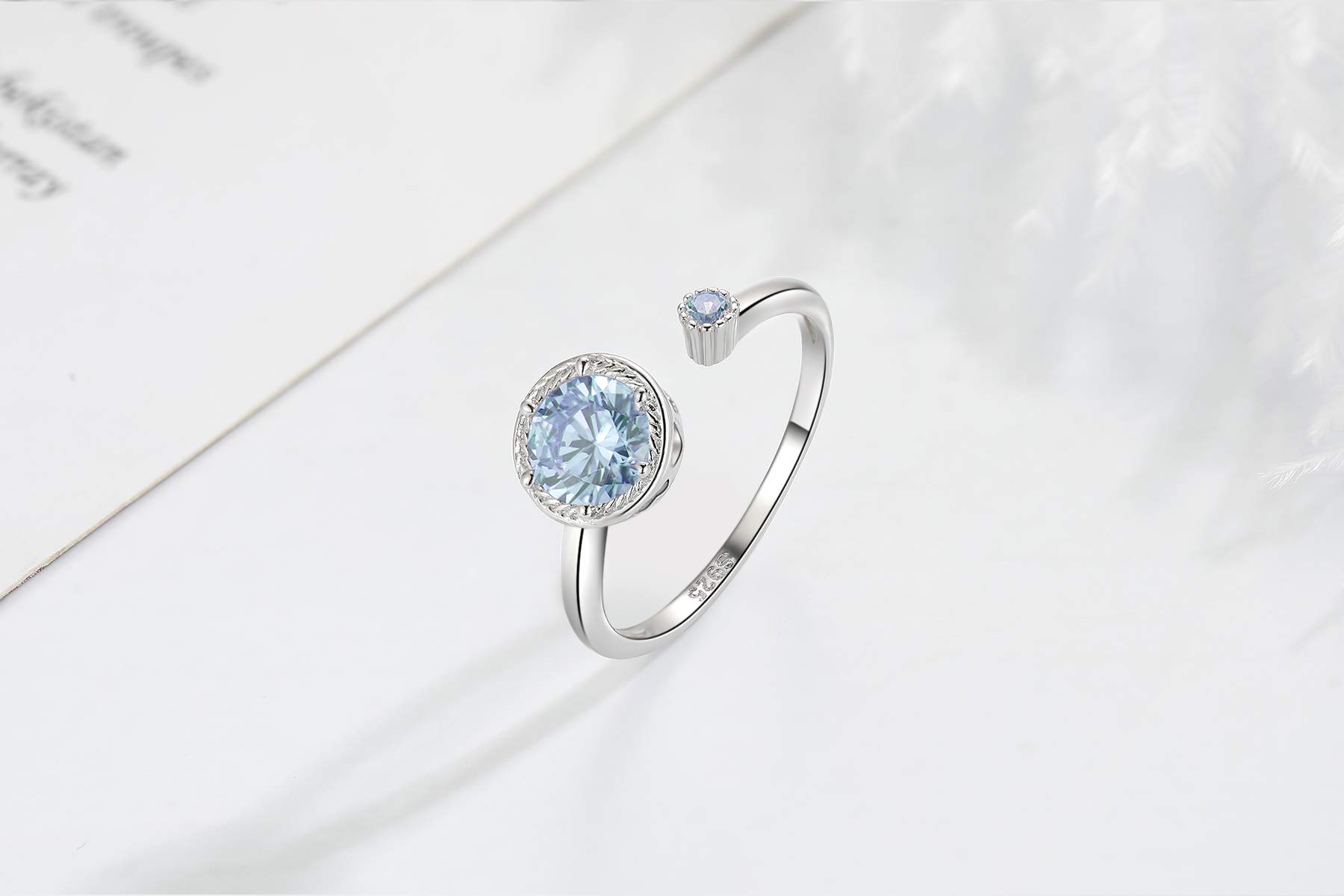 Presentski March Birthstone Rings for Women Sterling Silver CZ Blue Aquamarine Birthstone Adjustable Rings