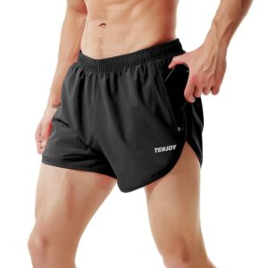 tenjoy men's running shorts gym athletic workout shorts for men 3 inch sports shorts with zipper pocket black