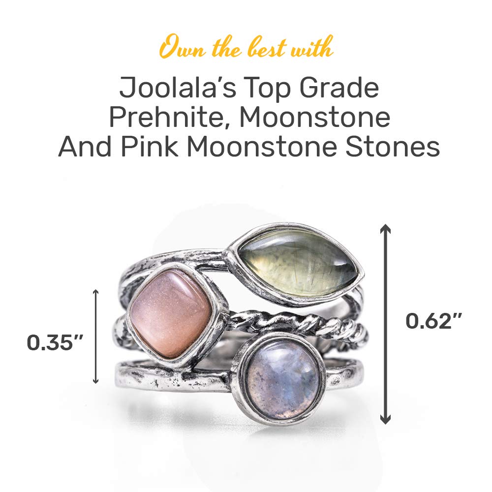 Joolala Stacked Stones 925 Sterling Silver Women’s Ring with Prehnite, Moonstone and Pink Moonstone Design – Gorgeous Oxidized Finish – Ideal Promise Ring, Engagement, Anniversary. (6)