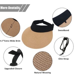 Women Straw Sun Visor Hat Wide Brim Summer UV Protection Beach Cap Foldable Packale Korean Style Khaki