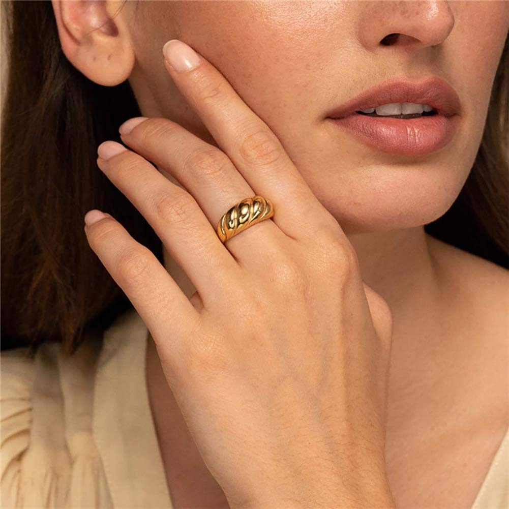 KOHOTA 6PCS Thick Dome Chunky Rings for Women 18K Gold Plated Braided Twisted Signet Ring Big Croissant Ring Minimalist Statement Ring Size 5-10