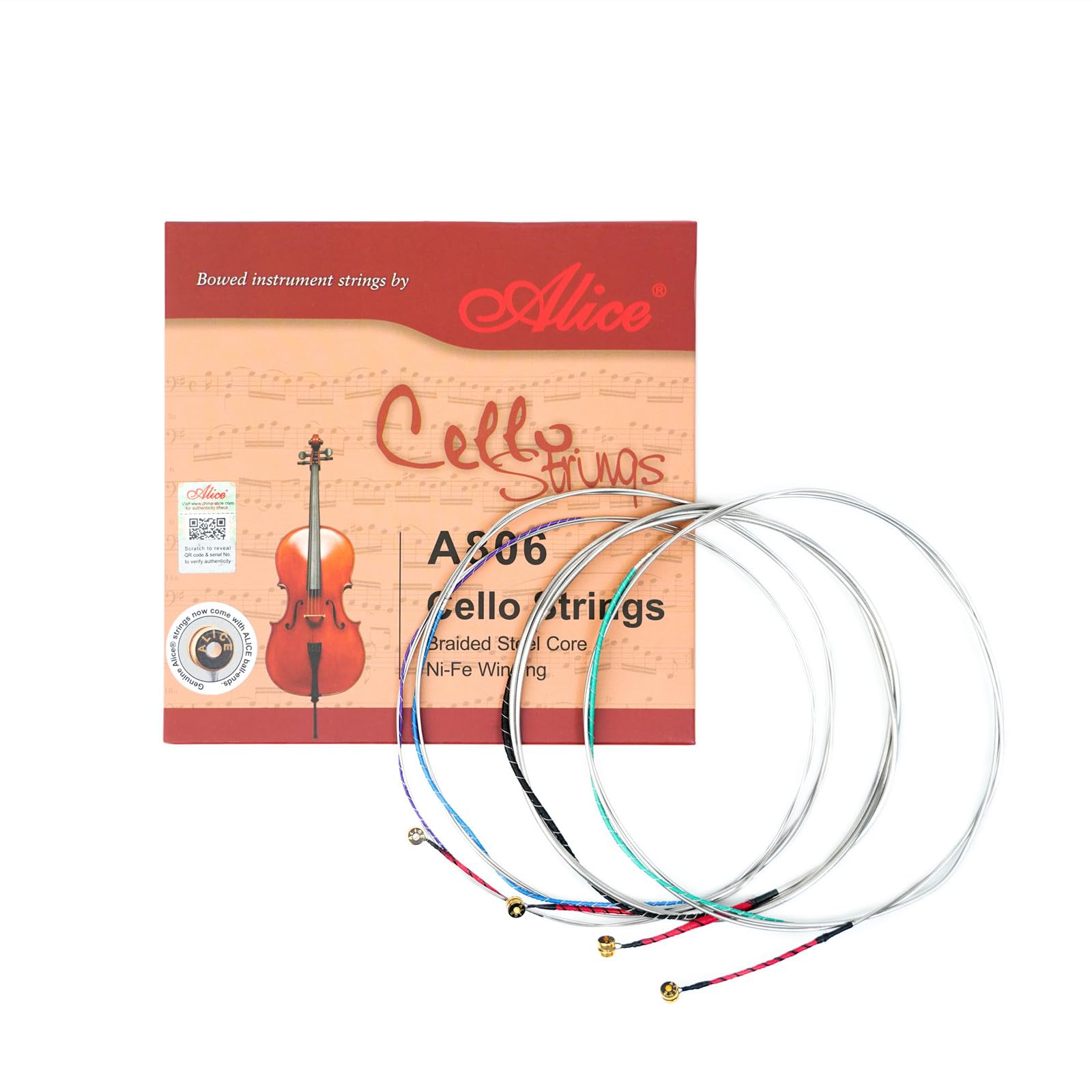 Alice 4/4 Cello Strings Set - Braided Steel Core with Ni-Fe Winding Cello String for 4/4 Cellos - Clear & Balanced Tone, Ideal for Professionals (Alice A806)