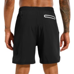 TENJOY Men's 2 in 1 Running Shorts 7" Quick Dry Gym Athletic Workout Shorts for Men with Phone Pockets Black