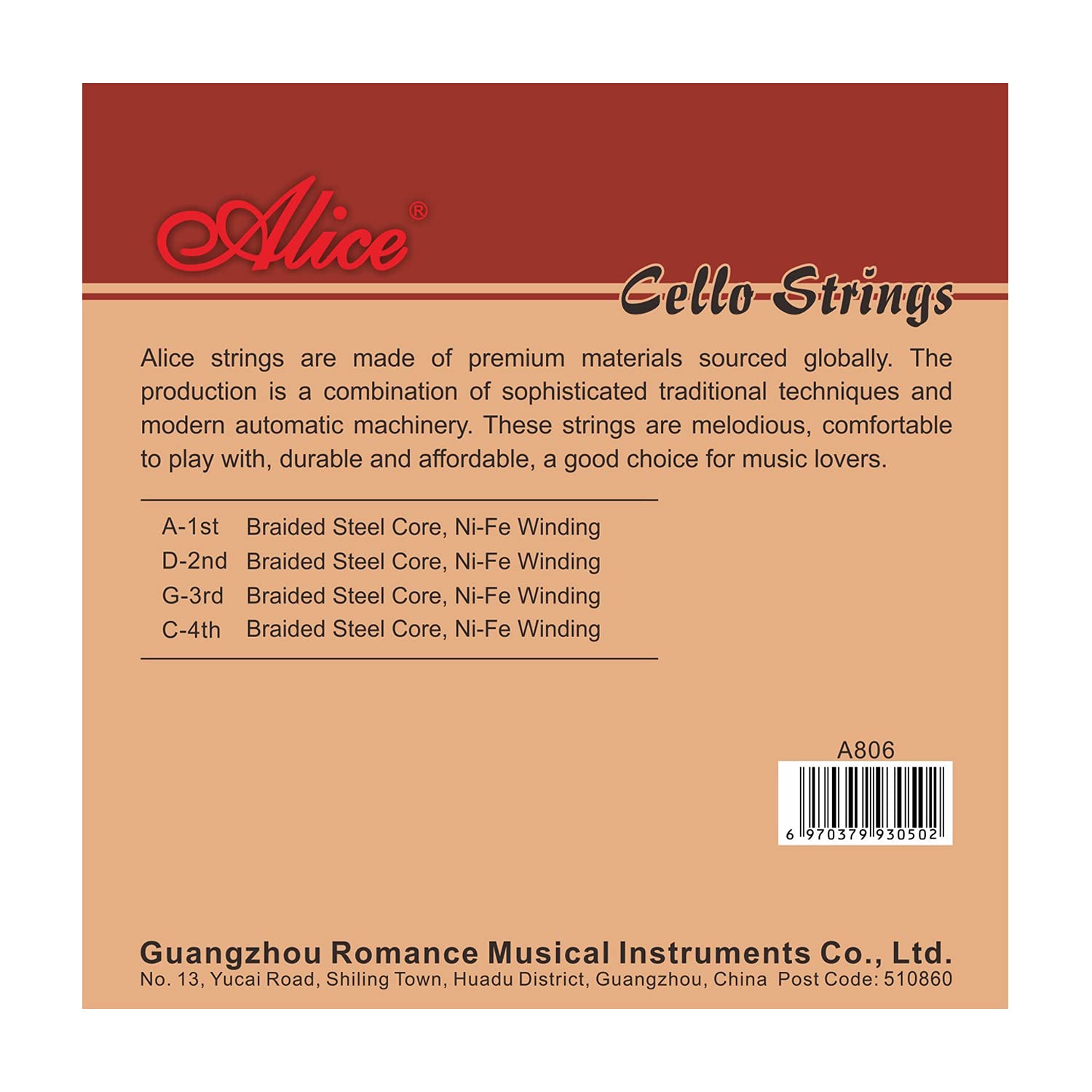 Alice 4/4 Cello Strings Set - Braided Steel Core with Ni-Fe Winding Cello String for 4/4 Cellos - Clear & Balanced Tone, Ideal for Professionals (Alice A806)