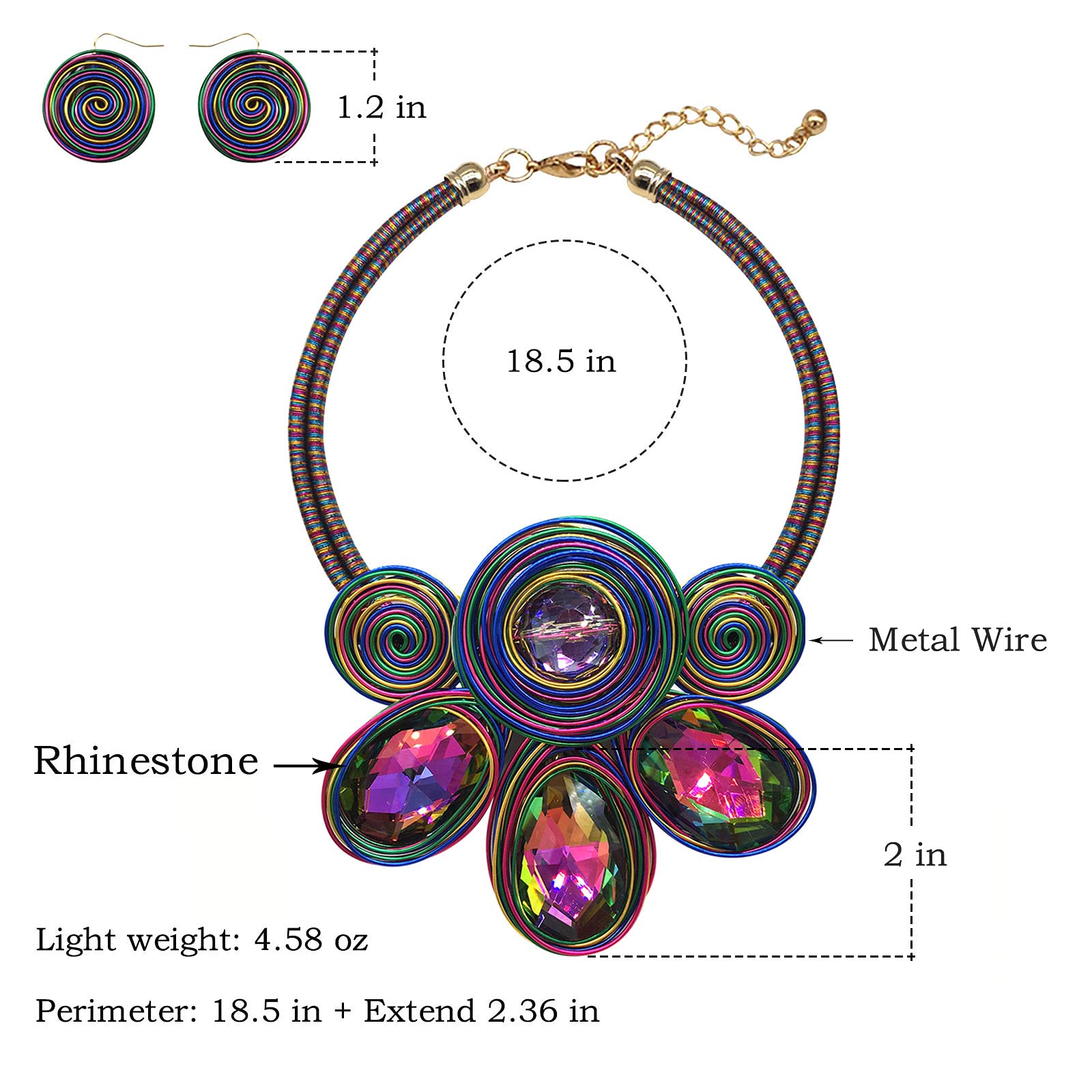 JHWZAIY Chunky African Statement Necklace For Women Tribal Fashion Costume Jewelry Earring Sets Unique Colorful Big Rhinestone Crystal Pendent Collar Choker Bib Handmade (01)