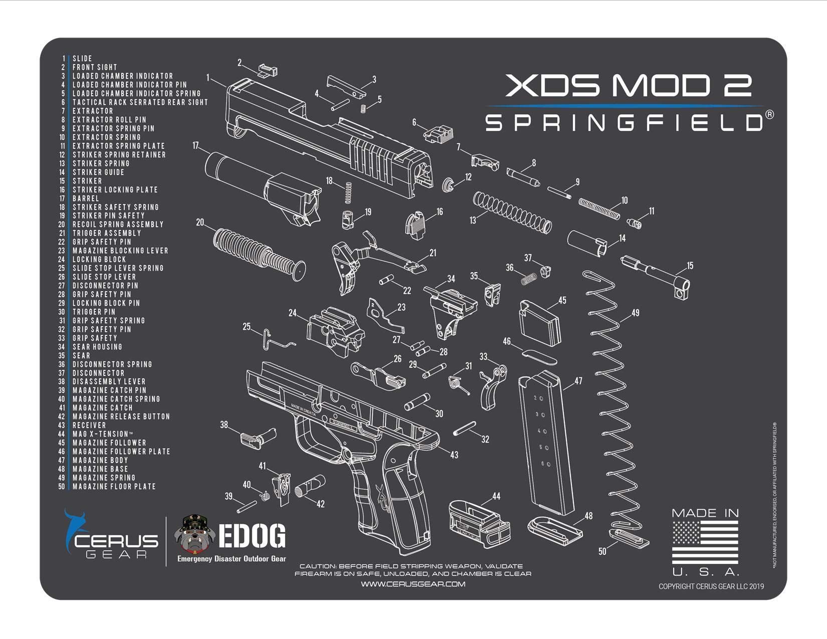 EDOG Range Warrior 27 Pc Gun Cleaning Kit - Compatible with Springfield Armory XD Mod 2 - Schematic (Exploded View) Mat, Range Warrior Universal .22 9mm - .45 Kit & Tac Book Accessories Set