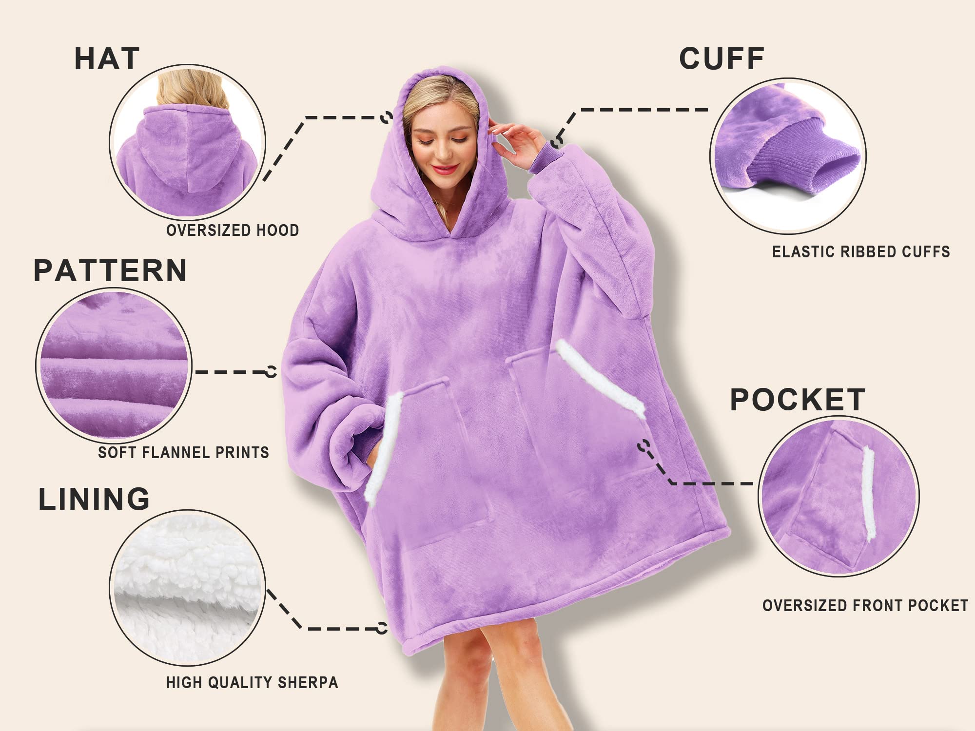 Kipswiza Oversized Wearable Blanket Sherpa Fleece Thick Warm Hoodie Blanket Big Hooded Sweatshirt Hoodie Blanket for Women Mom Sister Girls Teens Men, Purple