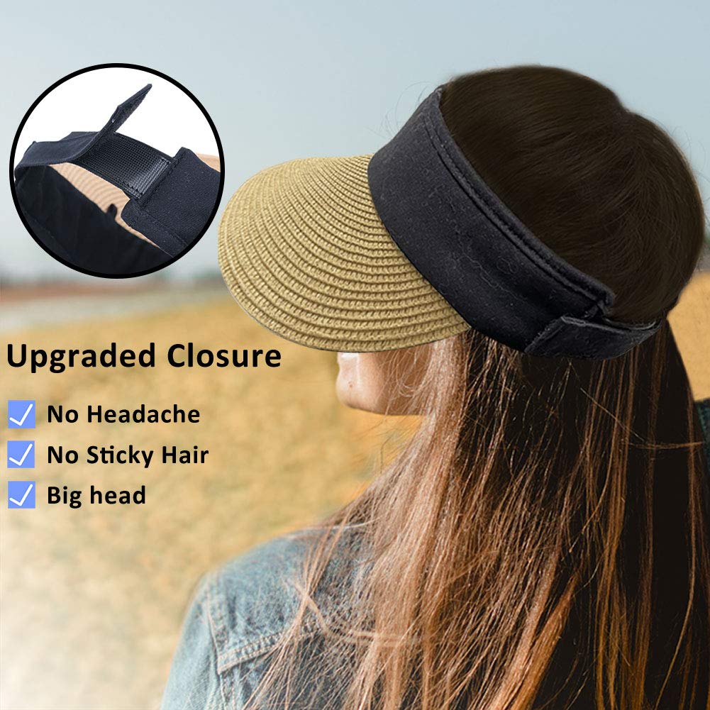 Women Straw Sun Visor Hat Wide Brim Summer UV Protection Beach Cap Foldable Packale Korean Style Khaki