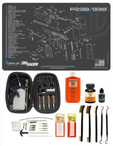 edog range warrior 27 pc gun cleaning kit - compatible with sig sauer p238 - schematic (exploded view) mat, range warrior universal .22 9mm - .45 kit & tac book accessories set