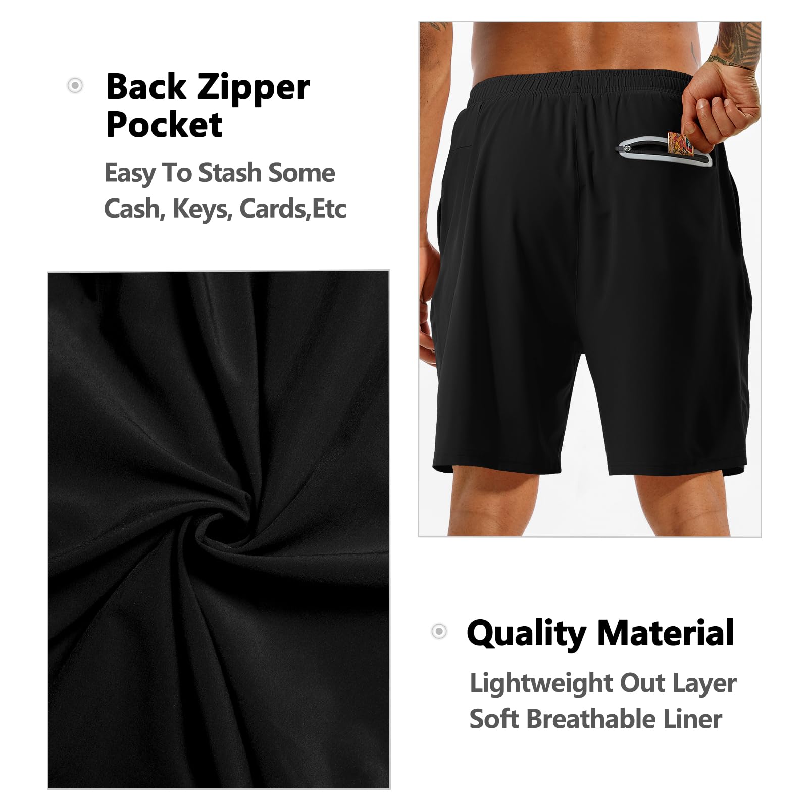 TENJOY Men's 2 in 1 Running Shorts 7" Quick Dry Gym Athletic Workout Shorts for Men with Phone Pockets Black