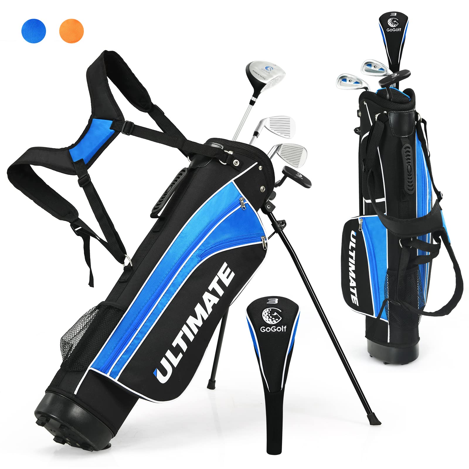 Tangkula Junior Golf Club Set for Children Right Hand, Includes #3 Fairway Wood & #7/#9 Irons, Putter, Head Cover & Rain Hood, Golf Stand Bag, Perfect for Children, Kids