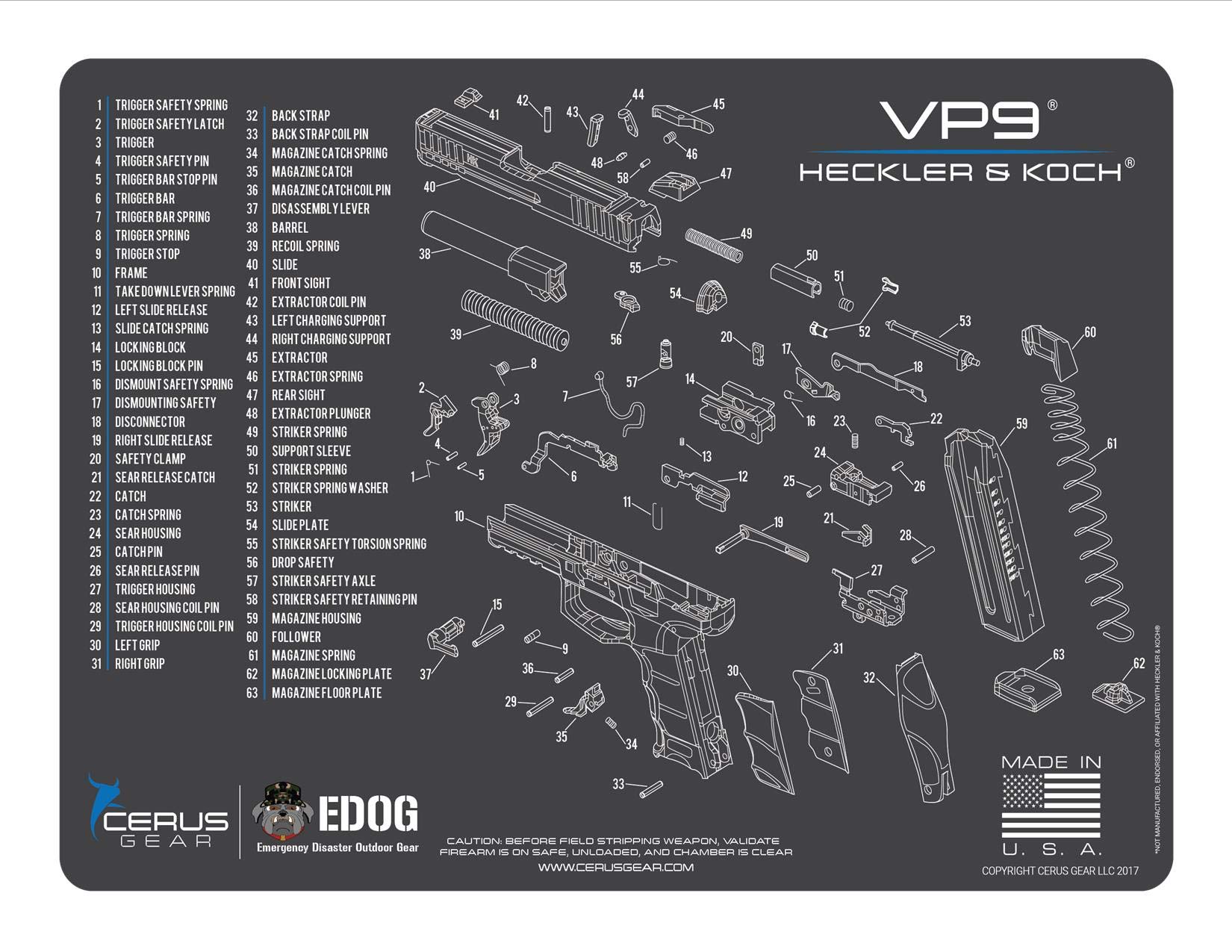 EDOG Range Warrior 27 Pc Gun Cleaning Kit - Compatible with Heckler & Koch HK VP9 - Schematic (Exploded View) Mat, Range Warrior Universal .22 9mm - .45 Kit & Tac Book Accessories Set