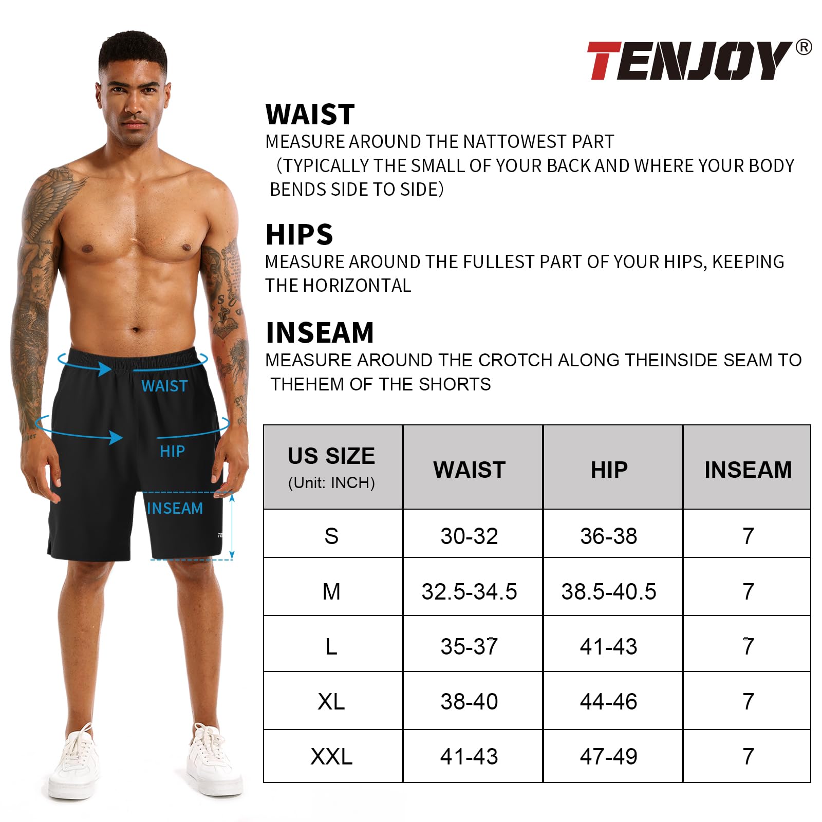 TENJOY Men's 2 in 1 Running Shorts 7" Quick Dry Gym Athletic Workout Shorts for Men with Phone Pockets Black