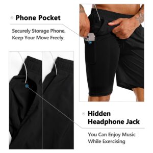 TENJOY Men's 2 in 1 Running Shorts 7" Quick Dry Gym Athletic Workout Shorts for Men with Phone Pockets Black