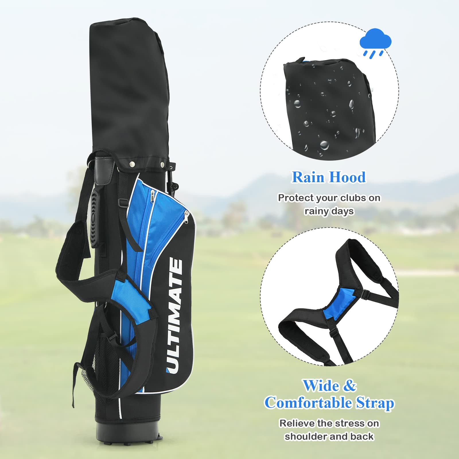 Tangkula Junior Golf Club Set for Children Right Hand, Includes #3 Fairway Wood & #7/#9 Irons, Putter, Head Cover & Rain Hood, Golf Stand Bag, Perfect for Children, Kids