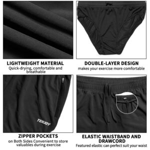 TENJOY Men's Running Shorts Gym Athletic Workout Shorts for Men 3 inch Sports Shorts with Zipper Pocket Black