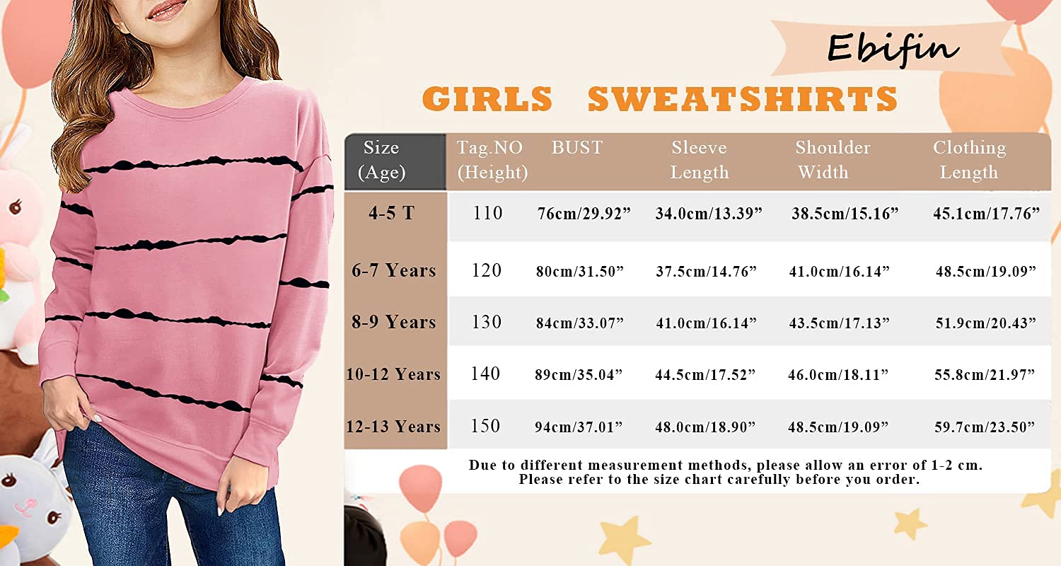 Ebifin Girls Sweatshirts Kids Casual Long Sleeve Crewneck Lightweight Pullover Tops Size 4-15