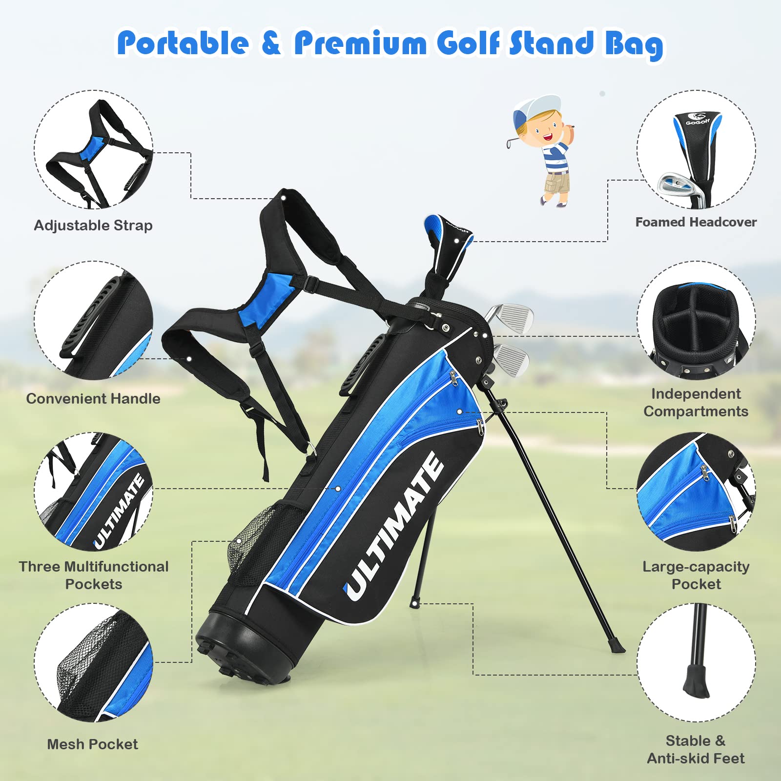 Tangkula Junior Golf Club Set for Children Right Hand, Includes #3 Fairway Wood & #7/#9 Irons, Putter, Head Cover & Rain Hood, Golf Stand Bag, Perfect for Children, Kids